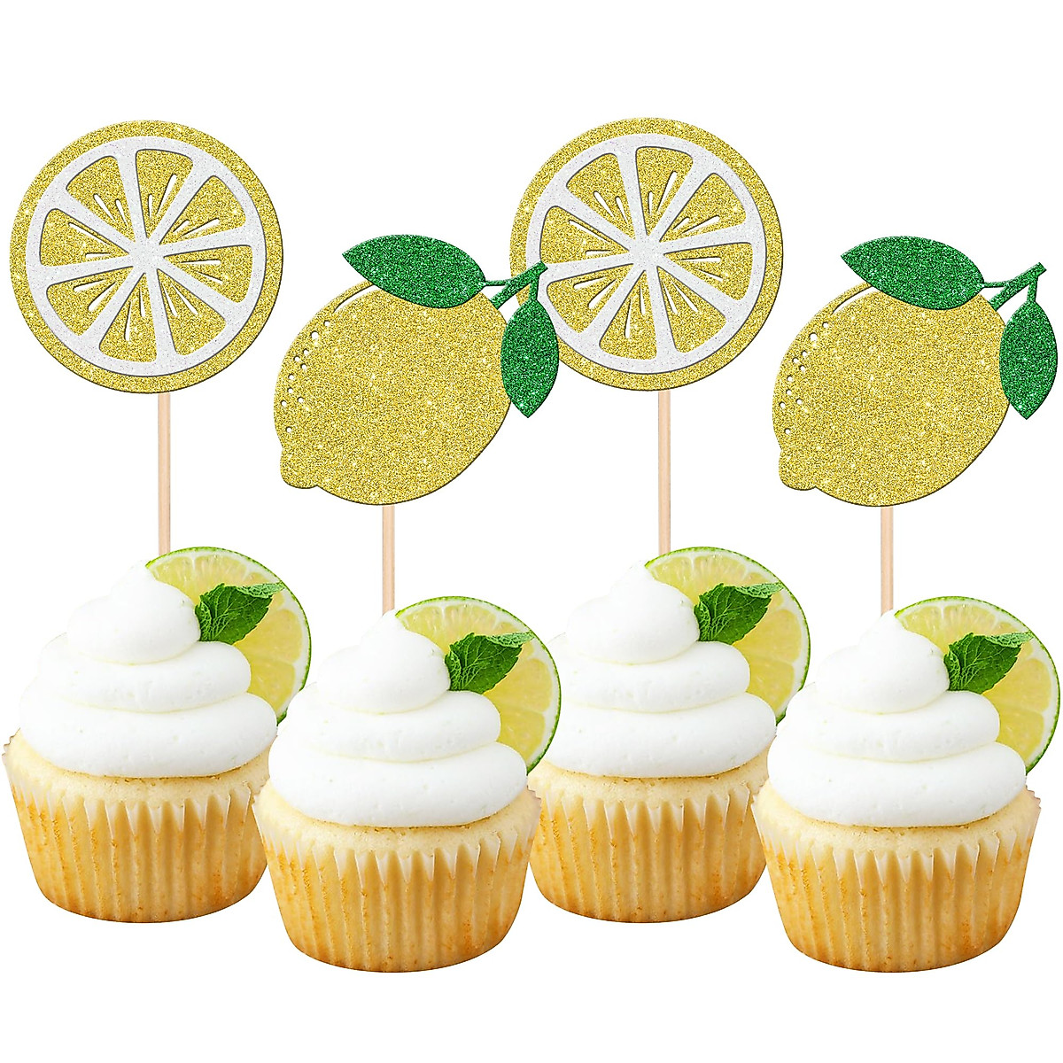 24 PCS Lemon Cupcake Toppers Glitter Fruit Theme Lemonade Party Cupcake Picks for Lemon Theme Baby Shower Wedding Engagement Bridal Shower Birthday Main Squeeze Party Cake Decorations Supplies