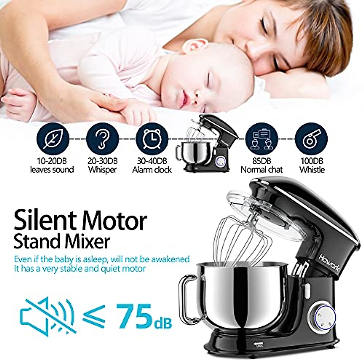 HOWORK 8.5QT Stand Mixer, 660W 6+P Speed Tilt-Head, Electric Kitchen Mixer With Dishwasher-Safe Dough Hook, Beater, Wire Whip & Pouring Shield (8.5 QT, Black)