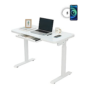 FARRAY Glass Standing Desk with Wireless Charging, 45 x 23 Inch Dual Motor Electric Height Adjustable Desk with Drawer, Touch Control Panel, Power Strip & USB Ports, White Sit Stand Desk