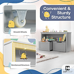CAPHAUS Toy Storage Organizer with 2 Wheeled Drawers, White, Playroom Organization and Storage, Floor Toy Box with Wheels and Shelf, for Kids, Boys and Girls, Nursery, Playroom and Bedroom