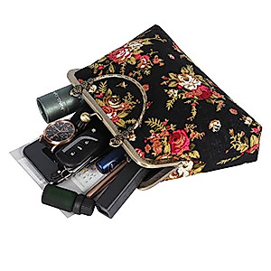 Abuyall Vintage Handbags Floral Top-Handle Kiss Lock Evening Bag for Women Retro Purse with Chain Women's Clutch Bag for Party 1920s Clutch Purse (Black)