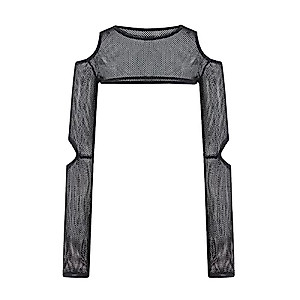 Villagepageme Rave Tops for Women Sheer Mesh Long Sleeve Crop Top See Through Cover Ups with Buckle (G-Black, L)