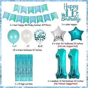 11th Birthday Decorations for Girls Teal - Happy 11th Birthday Decorations Eleventh Birthday Cake Topper Teal Fringe Curtain Turquoise Banner Number 11 Foil Balloon, 11 Year Old Girl Gift Ideas