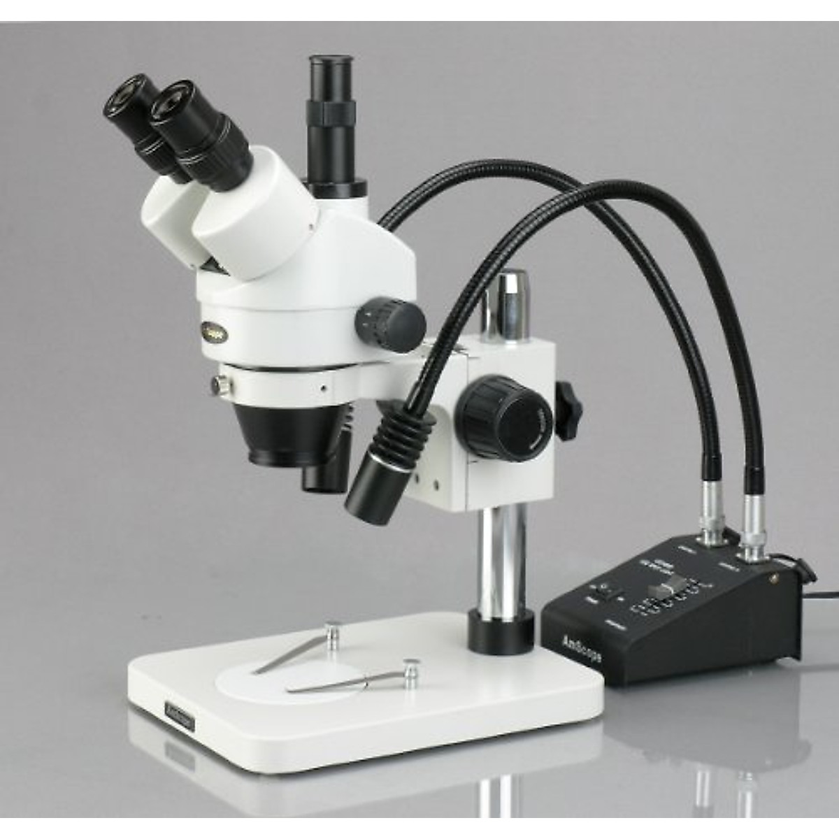 AmScope SM-1TSW2-L6W-M Digital Professional Trinocular Stereo Zoom Microscope, WH10x and WH25x Eyepieces, 3.5X-225X Magnification, 0.7X-4.5X Zoom Objective, 6W Dual-Gooseneck LED Light, Pillar Stand, 85V-265V, Includes 0.5X and 2.0X Barlow Lenses, Include