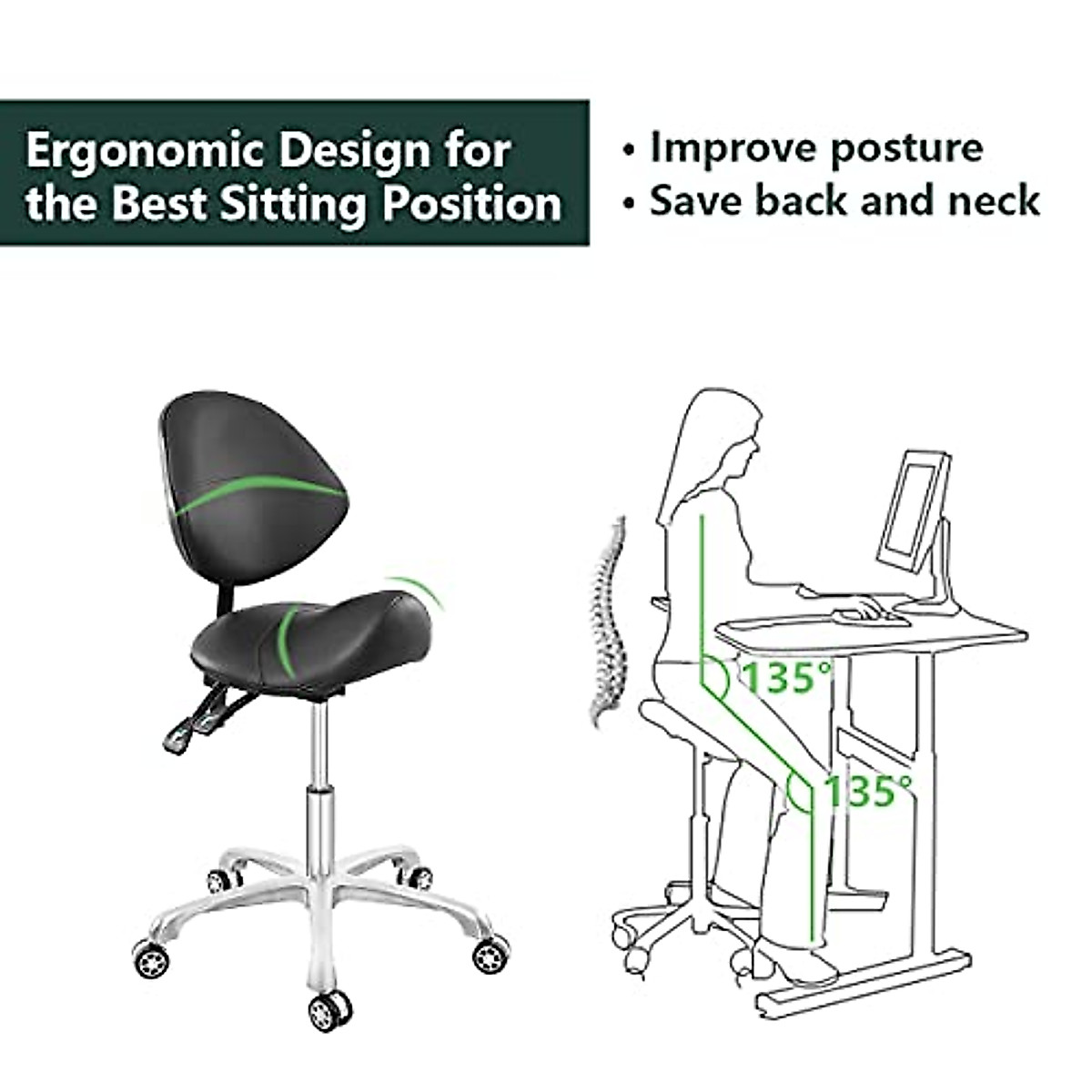 Senkelly Saddle Rolling Stool with Wheels, Adjustable Workbench Stool with Backrest, Swivel Stool Chair for Pedicure Work Office Kitchen-Ergonomic