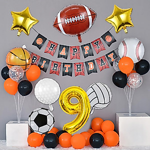 9 Pieces Sports Balloons, Football, Basketball, Baseball, Volleyball, Golf and Soccer Foil Balloon, Sports Birthday Number Mylar Foil Balloon, Sport Theme Birthday Party Supplies Decorations (9th)