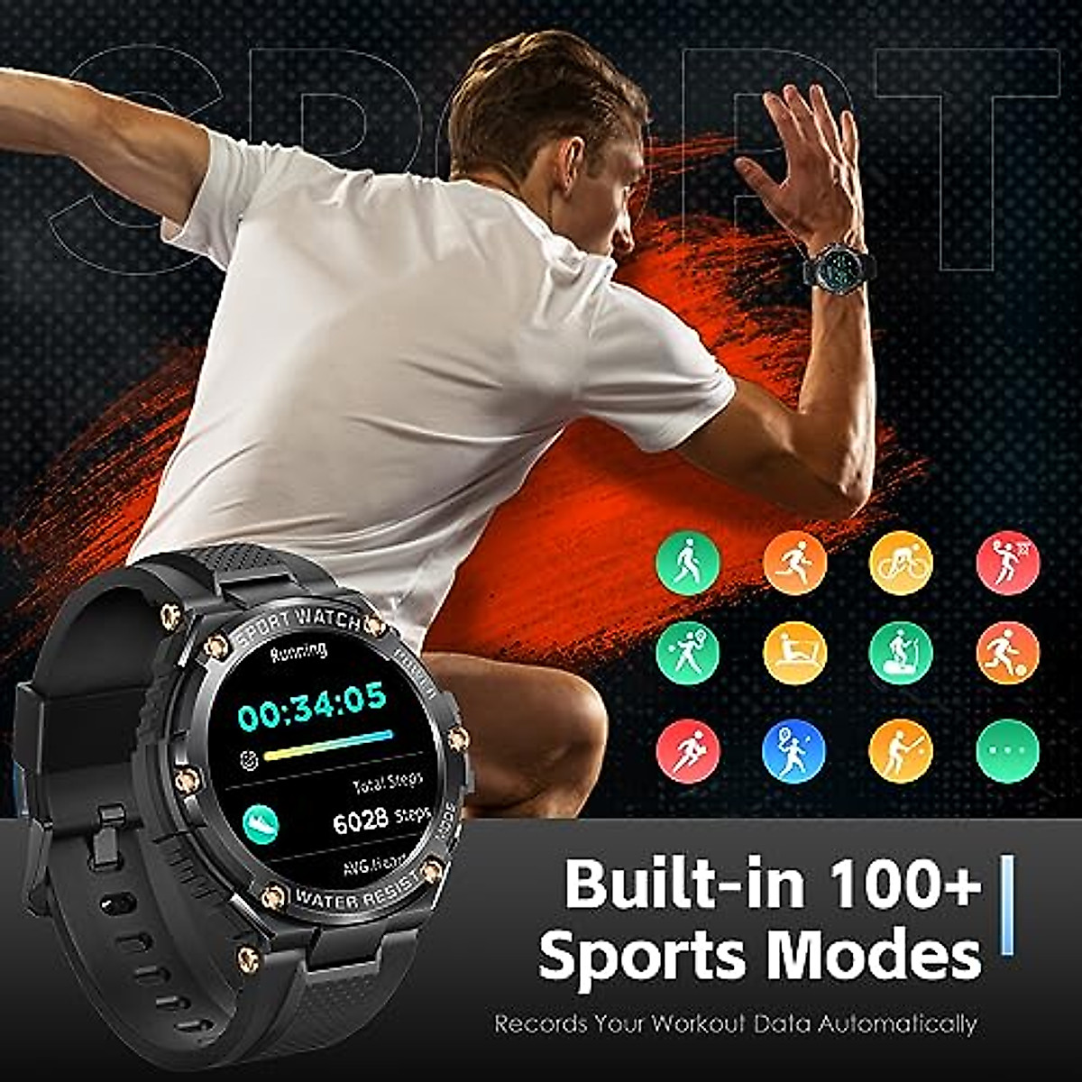 Military Smart Watches for Men Make Calls 100 Days Long Standby 800mAh Big Battery 1.5" HD Screen Tactical Smartwatches for iPhone Android Waterproof Fitness Tracker Heart Rate Sleep Monitor Watch