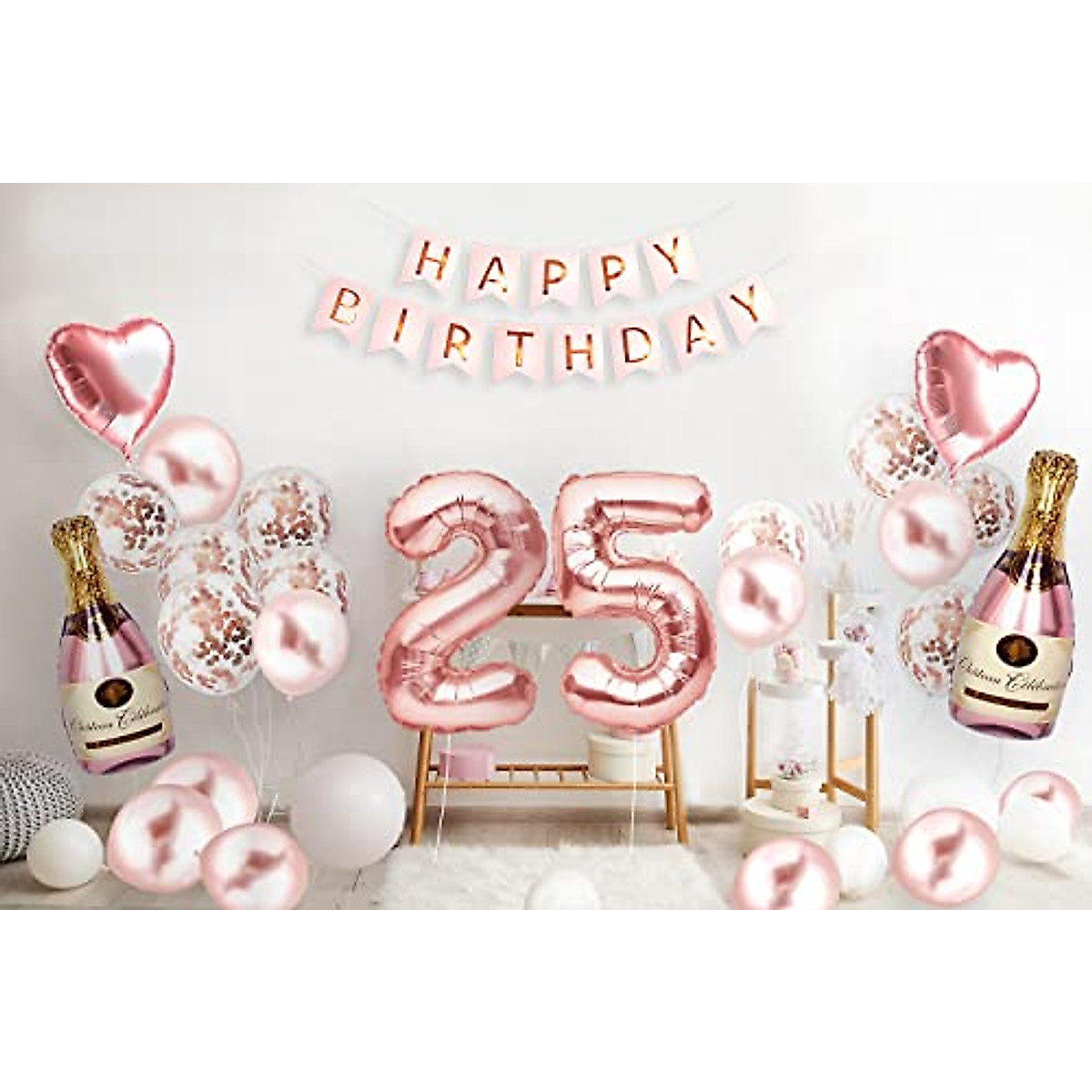 25th Birthday Party Decorations for Her Rose Gold Supplies Big Set with Birthday Banner and 25 BDay Digit Balloons for Women Including Latex and Confetti Balloons