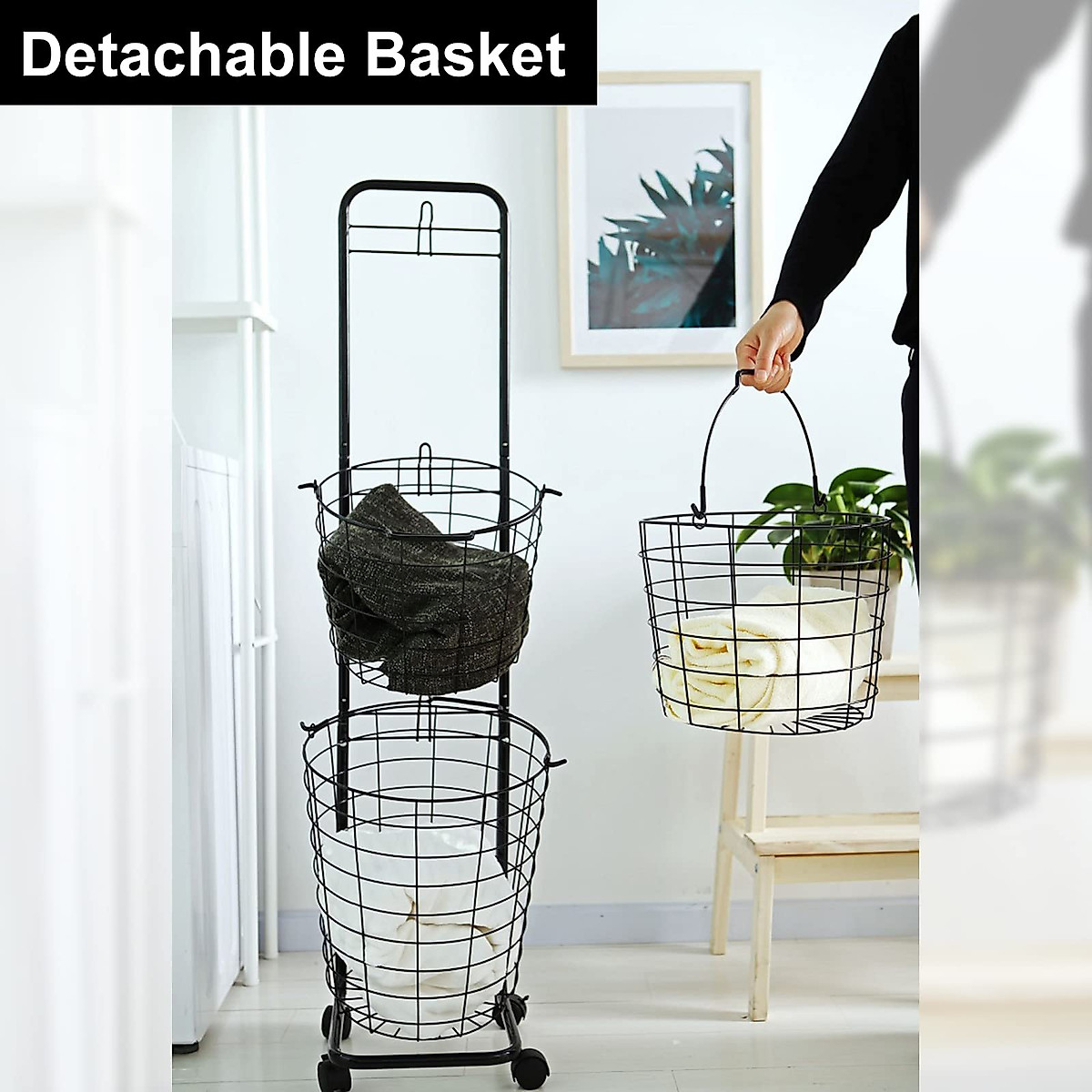 Ganggend 3-Tier Laundry Basket with Lockable Wheels, Wire Laundry Hamper with Rubber Handle Laundry Cart Storage Rolling Hamper for Organizing Clothes