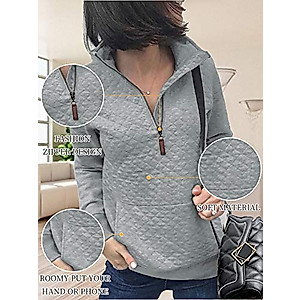 LANREMON Women Long Sleeve Sweatshirt Fashion Quilted Pattern Plain Zipper Pullover Sweatshirts Tops with Pockets Light Gray