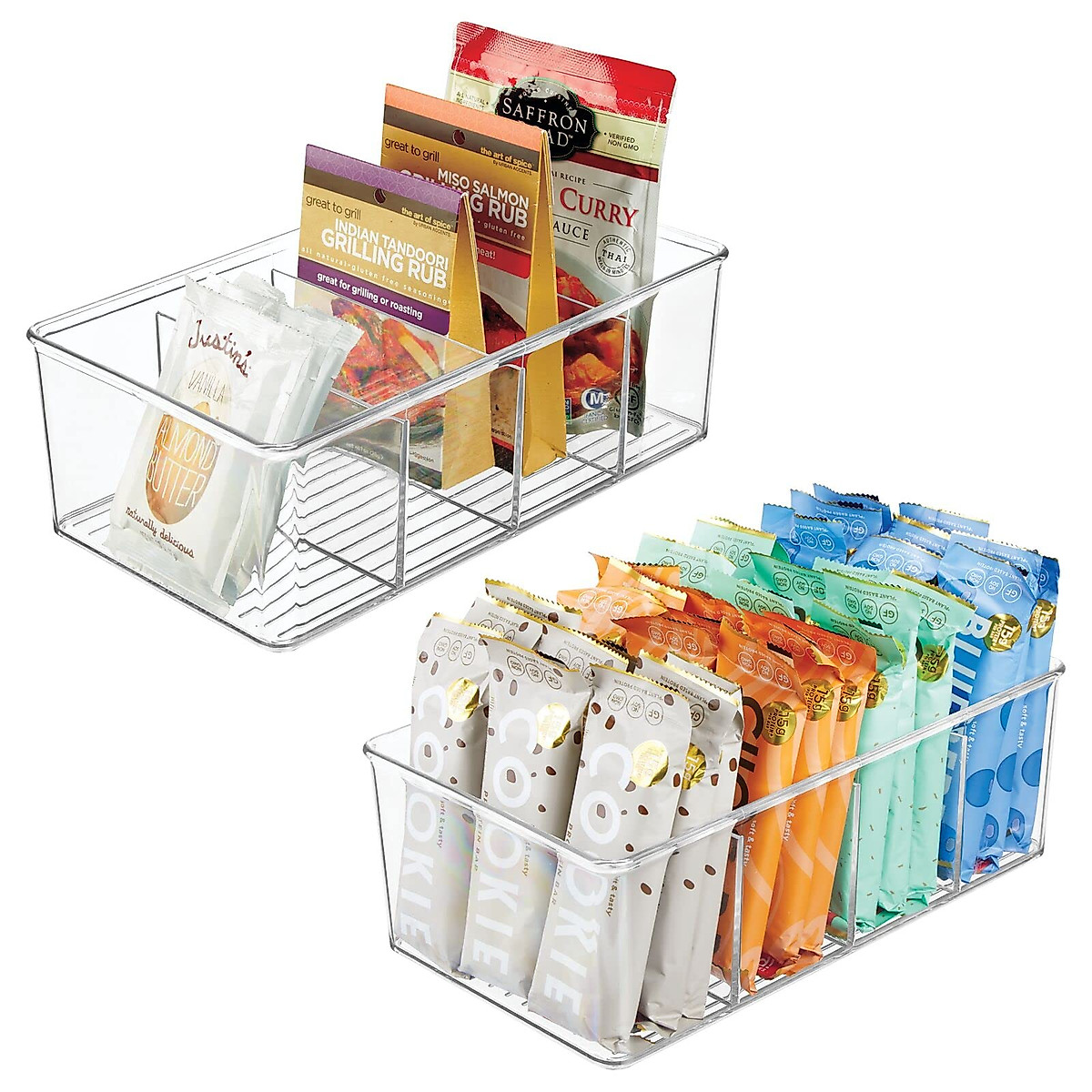 mDesign Plastic Food Storage Organizer Bin Box Container - 4 Compartment Holder for Packets, Pouches, Ideal for Kitchen, Pantry, Fridge, Countertop Organization - 4 Pack - Clear