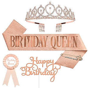 Birthday Decorations for Women Including Birthday Sash & Pin, Crown, Birthday Cake Topper, Birthday Pin Button. Queen Sash and Birthday Tiara for Women and Grils. (Rose Gold)