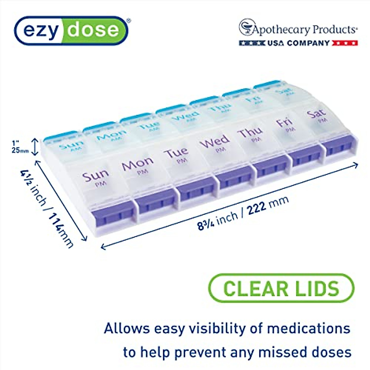 EZY DOSE Push Button (7-Day) Pill, Medicine, Vitamin Organizer | Weekly, 2 Times a Day, AM/PM | Large Compartments | Arthritis Friendly | Clear Lids
