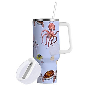 DIGTIA Stainless Steel Insulated Tumbler w/Handle & Straw, Turtles Octopus Double Wall Vacuum Travel Coffee Mug Cup w/Lid, Leak-Proof Sports Fish Sea Water Bottle,30oz