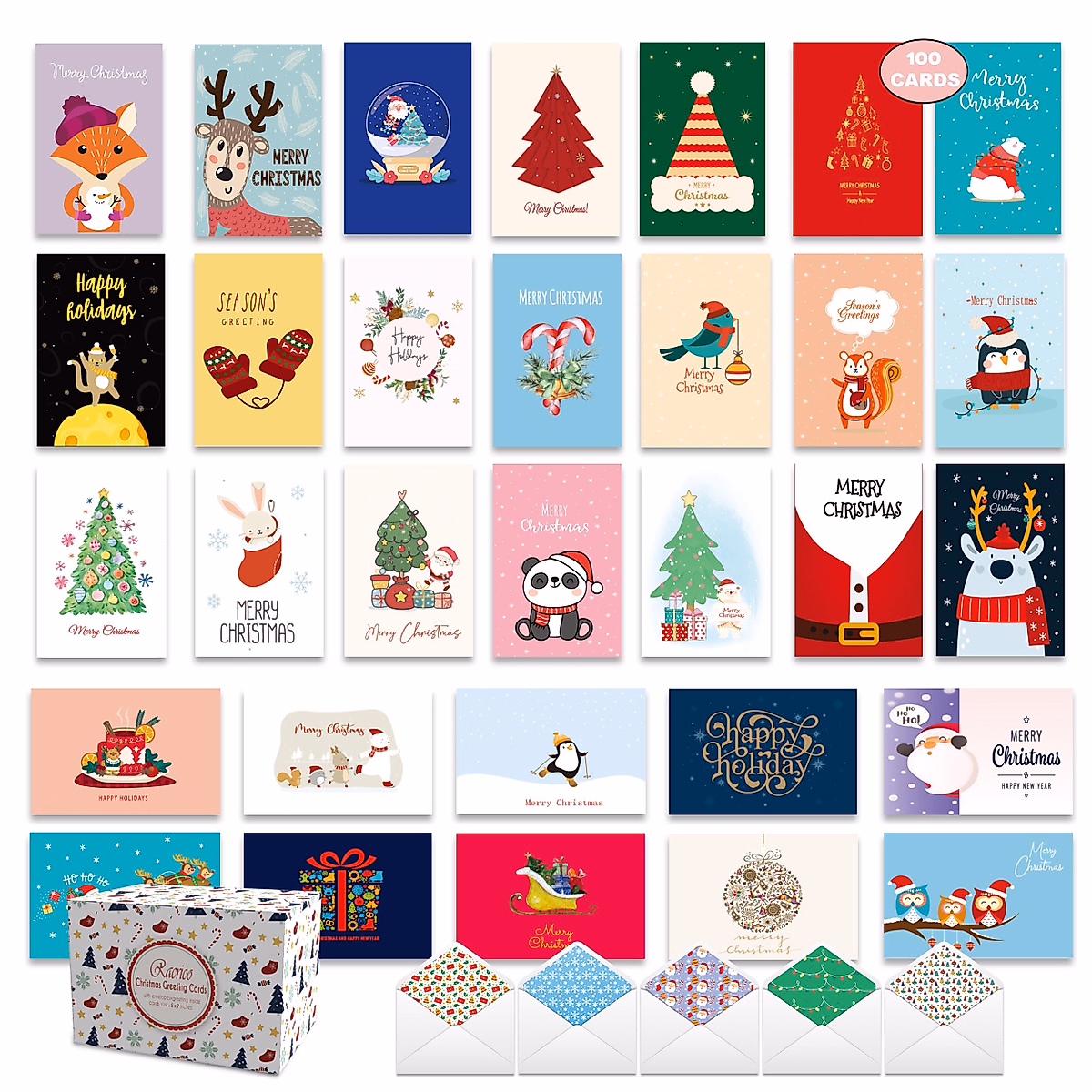 100 Unique Christmas Cards, Christmas Cards Boxed With Envelopes,Large 5X7 Inch Merry Christmas Cards Greeting Cards Set With Greeting And Sticker,Bulk Christmas Cards Boxed Set
