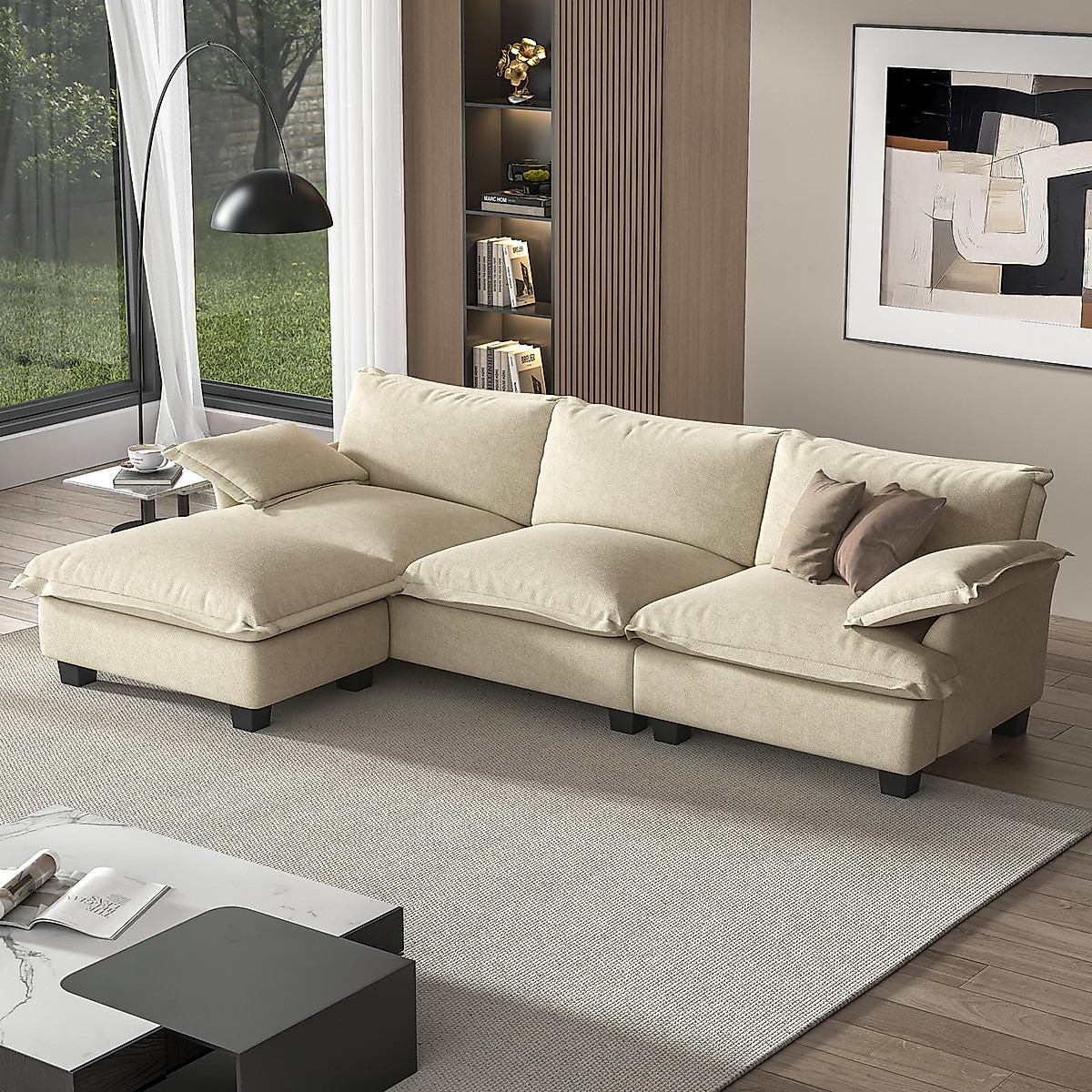 COPIAE L Shaped Sofa with Chaise, Convertible Sectional Sofa, 113 Inch Oversize Couch for Living Room, Modern Cloud Couch with Deep Seat, Velvet Fabric and Removable Ottoman, Beige Furniture Set