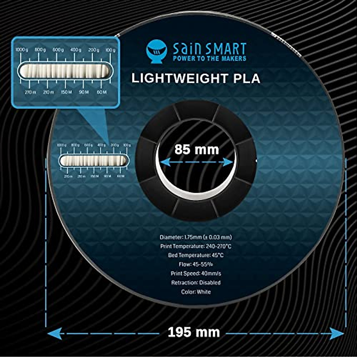 SainSmart Light Weight Filament 1.75mm, LW-PLA Low-Density Active Foaming 3D Printer Filament for RC Planes Drone Parts and Cosplay, White PLA Filament, 1KG