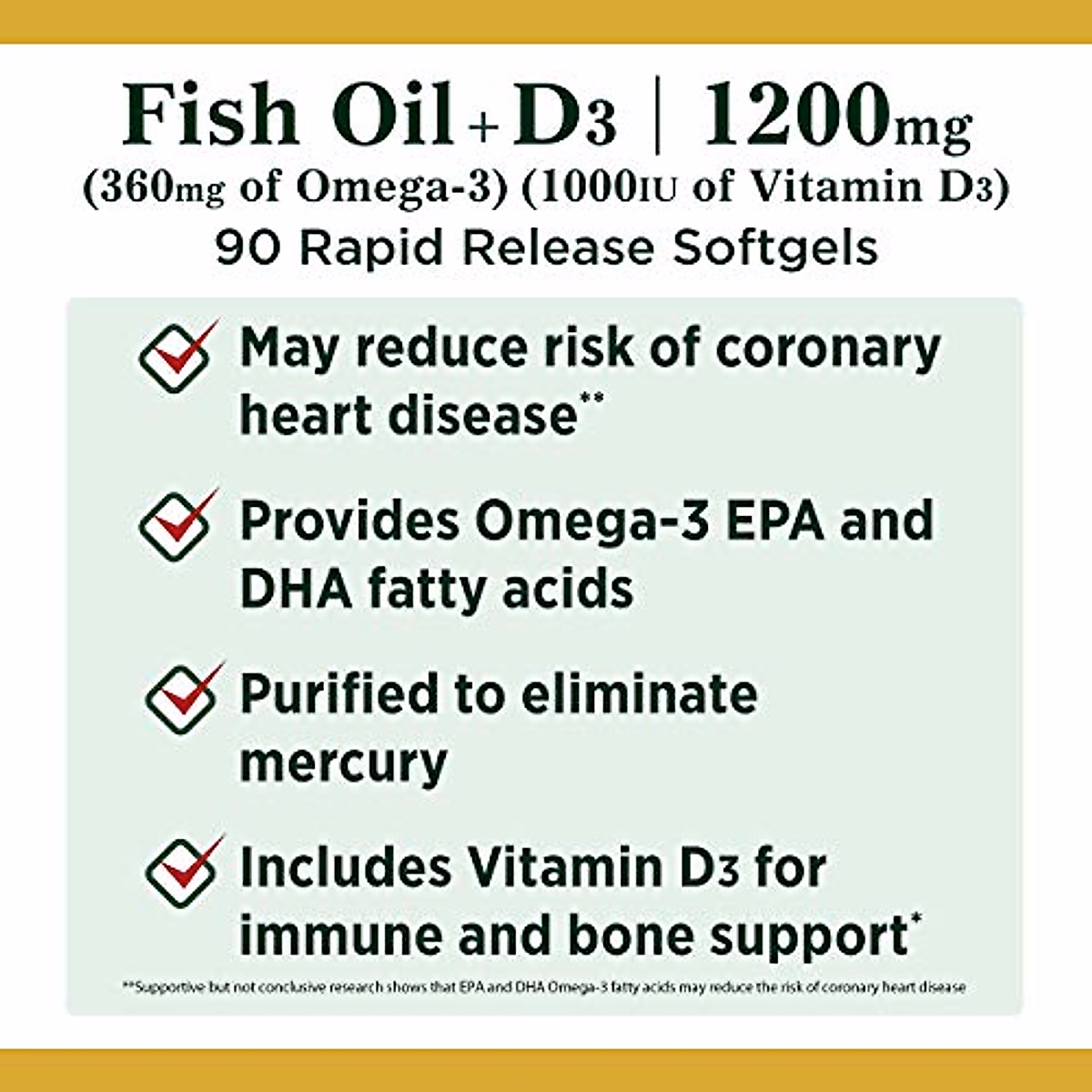 Nature's Bounty Fish Oil plus D3, Contains Omega 3, Immune Support & Supports Heart Health, 1200mg Fish Oil, 360mg Omega 3, 1000IU Vitamin D3, 90 Softgels