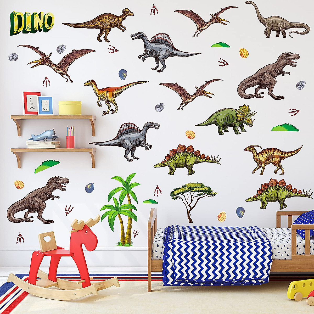 Zonon 114 Pcs/ 4 Sheet Glow in The Dark Dinosaurs Stickers for Waterproof Glowing Dinosaur Wall Decals Large Removable Glow Wall Decor for Boy Bedroom Ceiling Kid Nursery Playroom(Blue Glow)