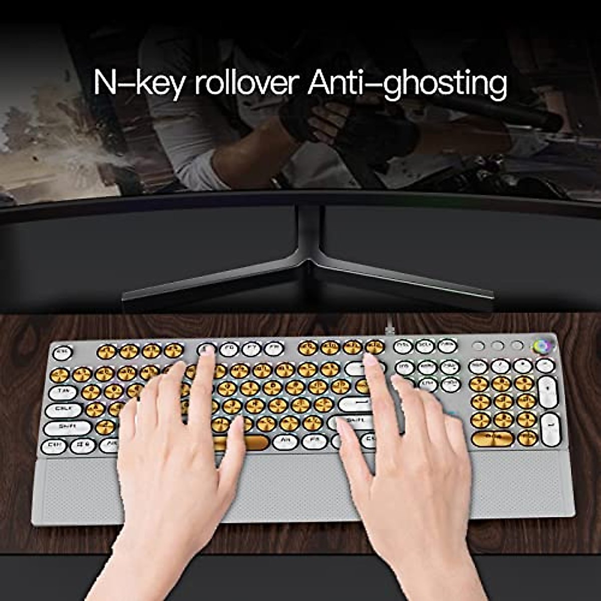 CHICHEN Mechanical Gaming Keyboard,BlueSwitches,USB Wired,Retro Steampunk Typewriter,Round Keycaps,for Game and Office,for Laptop Desktop Computer PC (Bkack-Blue switches)