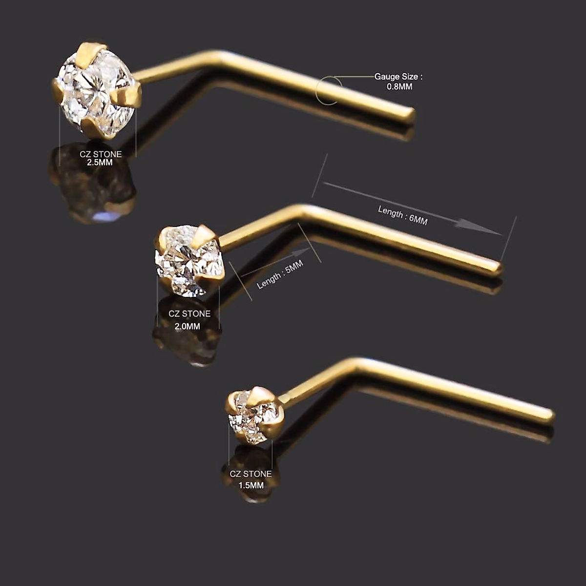 1.5mm Round Cz Gemstne 22 Gauge 9K Solid Yellow Gold L-Shaped Jeweled Nose Stud Piercing Jewelry