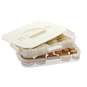 BTSKY Plastic Food Storage Container with lids, Dumpling Storage Box, Cookie Carrier Cookie Sheet with Lid, Portable Large Food Container for Snack, Fruit, Vegetables, Meat, Wontons(2-Layer, White)