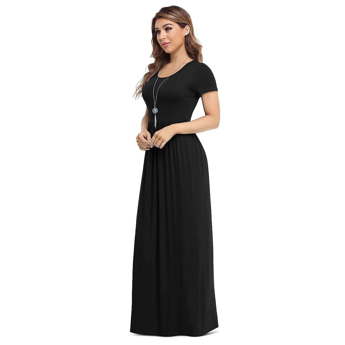 VIISHOW Women's Short Sleeve Loose Plain Maxi Dresses Casual Long Dresses with Pockets(Black, X-Large)