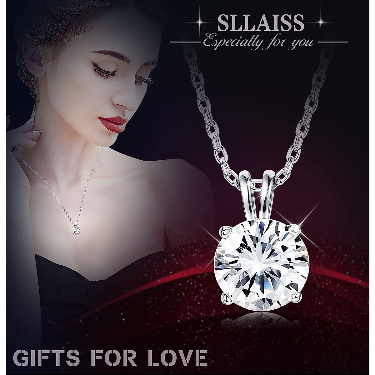 Sllaiss Sets With Swarovski Zirconia Sterling Silver Solitaire Pendant Necklace for Women Round-Cut CZ Necklace Chain Jewelry Gift (2 cttw), 18”