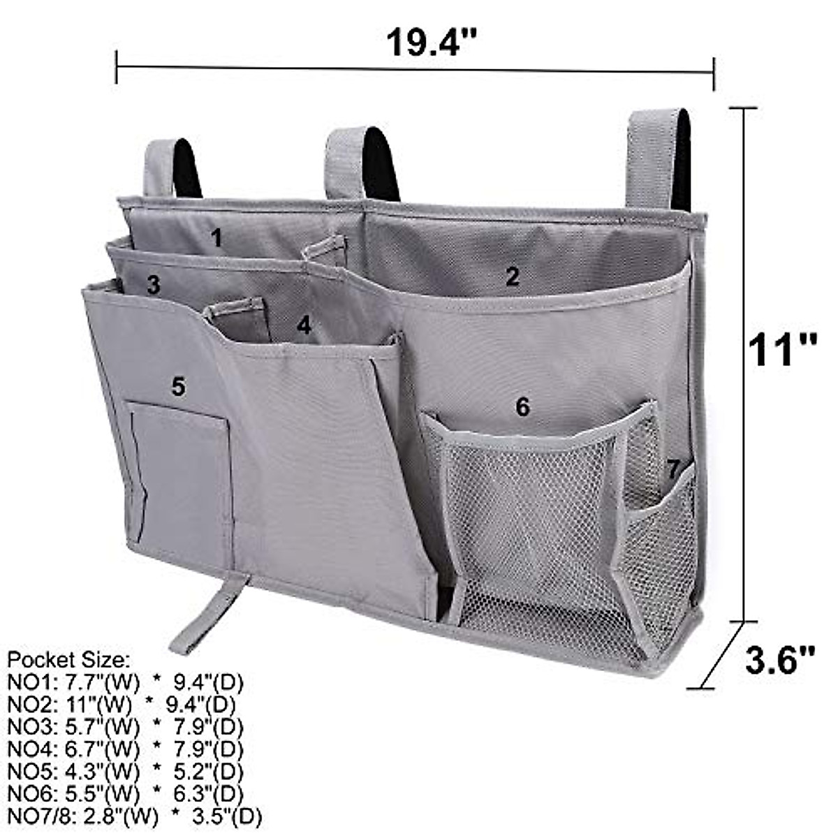 Corodo Bedside Caddy, Bedside Organizer for Dorm Bed, Bunk Bed Caddy with 8 Pockets for Baby Bed, Hospital Beds, Grey
