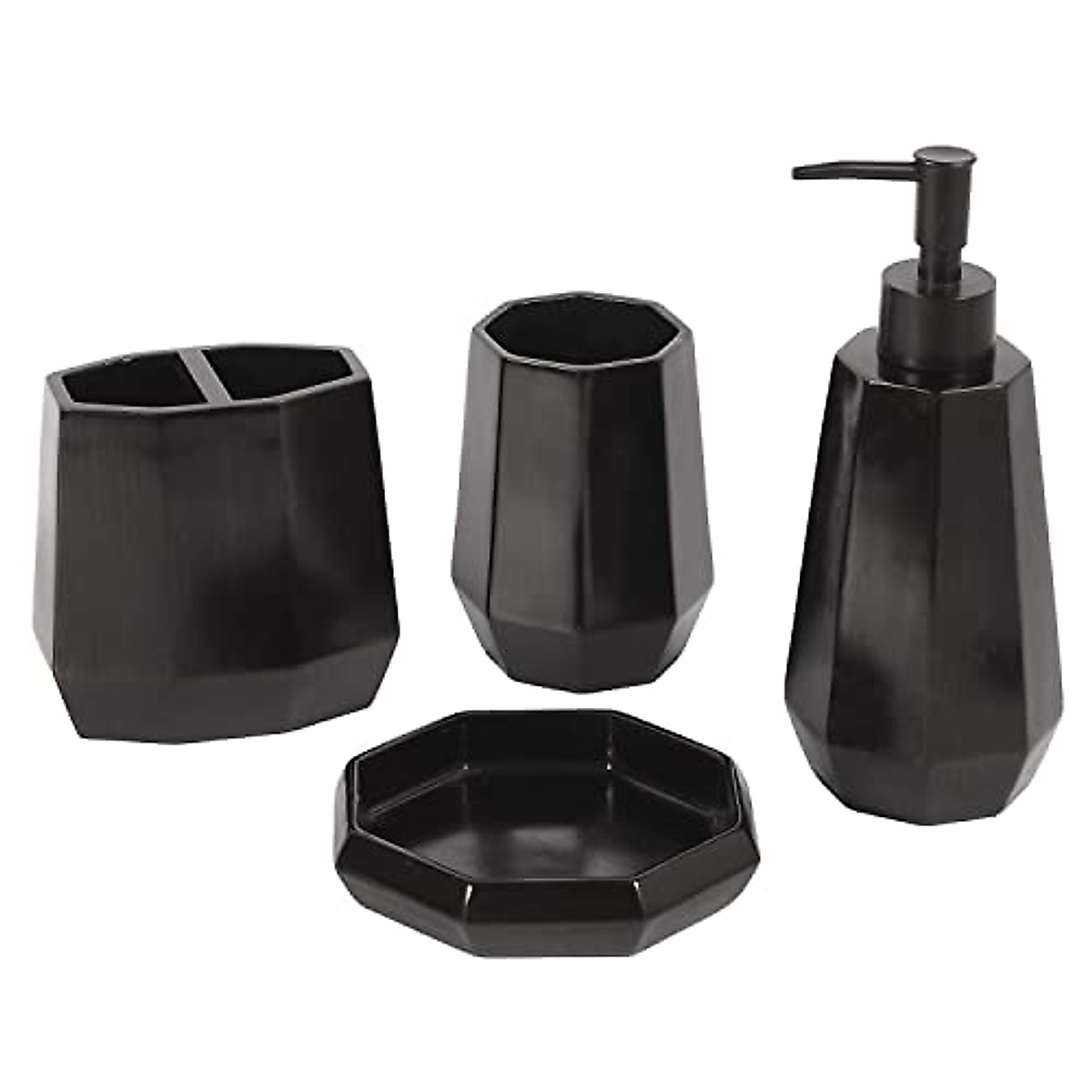 MyGift 4 Piece Modern Matte Black Resin Bathroom Accessories Set with Multifaceted Design Includes Soap Dish, Tumbler, Toothbrush Holder and Pump Dispenser