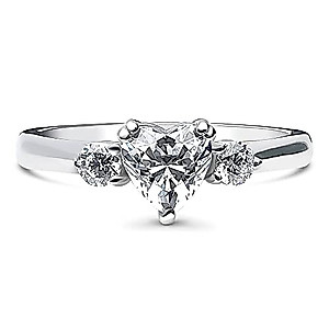 BERRICLE Sterling Silver 3-Stone Wedding Engagement Rings Cubic Zirconia CZ Heart Promise Ring for Women, Rhodium Plated Size 7