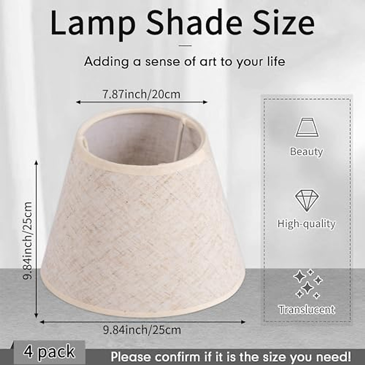 Amorettise 4-Pack Natural Linen Lamp Shades, Drum Lampshades 7.8" Top x 9.8" Bottom x 9.8"High, Small Lampshade Covers Required Assembly for Table Lamp, Bedside Lamp, Spider Fitter, Flaxen