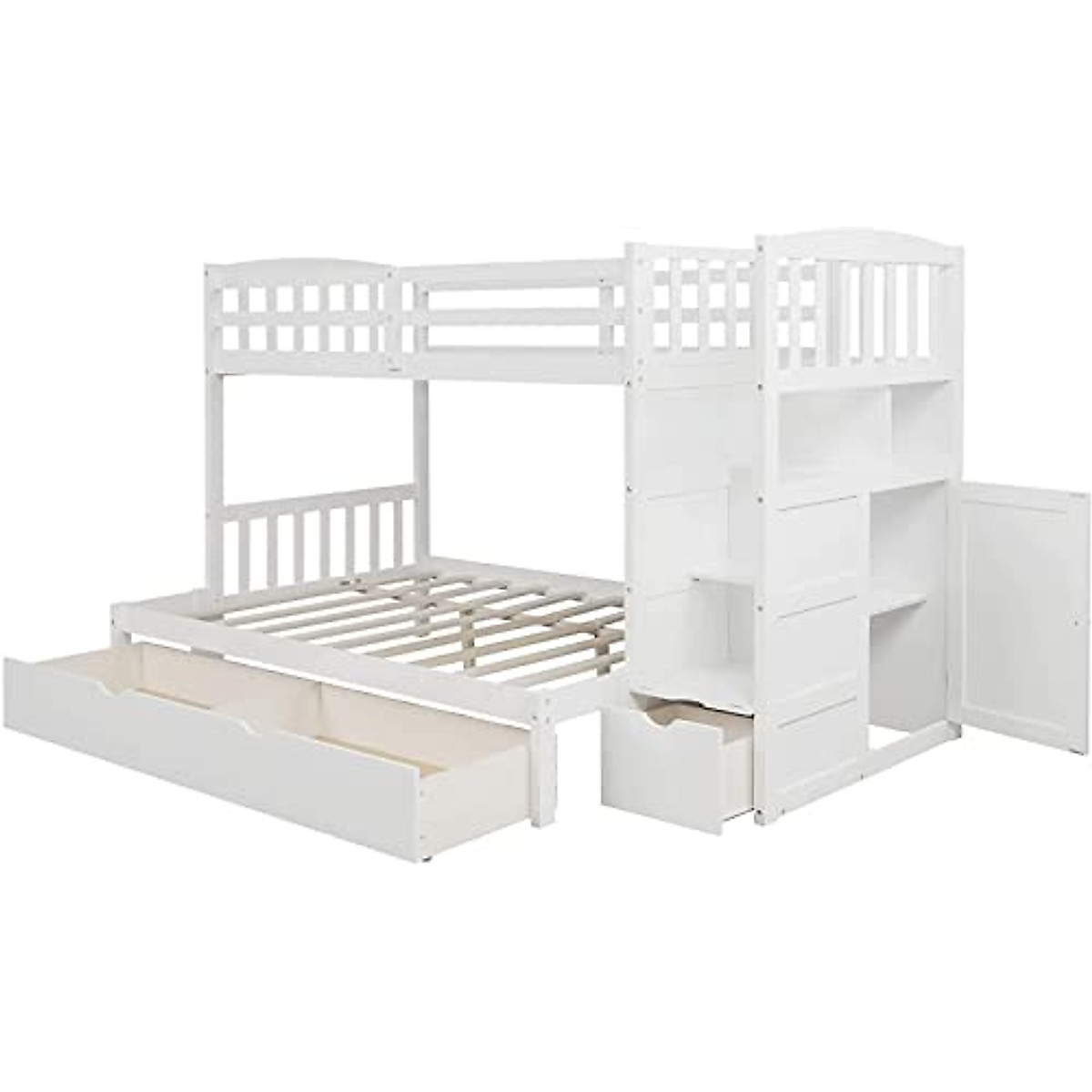 STP-Y Twin Over Full/Twin Stairway Bunk Bed with Storage Shelves and Drawers Wood Convertible Bottom Bed Bedroom Furniture for Adults, No Spring Box Needed,White (Color : White)