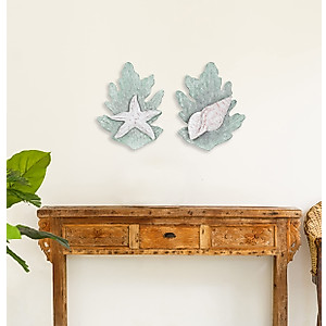 T.I. Design Hand-Carved Wood Starfish and Turban Shell on Reef | Coastal Seashells Beach Wall Decor Set of 2