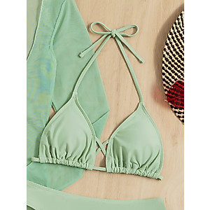 COZYEASE Women's 3 Piece Swimsuits Drawstring Triangle Halter Tie Side Thong Sexy Bikini Set with Cover Up Mint Green M