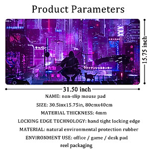 Anime Neon Mouse Pad Purple City Gaming Desk Big Cute Kawaii Pink Extended Mouse Pad Gaming,Office Keyboard Pc Laptop Mousepad Large 31.5x15.7 in-with Stitched Eges Non-Slip Base Mouse Pads Mat