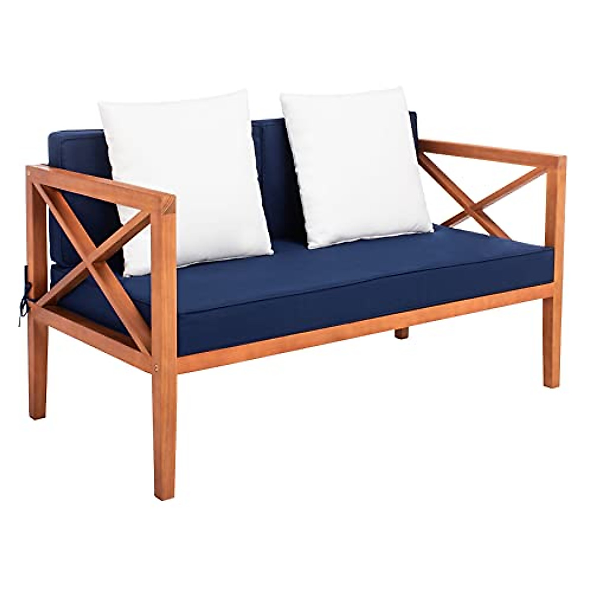 Safavieh PAT7031E Collection Nunzio Teak 4 Pc Accent Outdoor Set, Natural/Navy + Solid Pillow