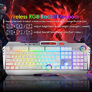 Wireless Gaming Keyboard and Mouse,16 Kinds RGB LED Backlit Rechargeable Keyboard Mouse with 4800mAh Battery Metal Panel,Mechanical Feel and Gaming Mute Mouse for PC Gamers(White RGB Backlit)