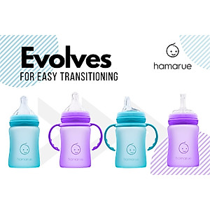 Hamarue 3-in-1 Glass Sippy Cups for Toddlers | Silicone Coated Glass Baby Bottles | Non-Toxic Transition Cup for Baby with Removeable Handles | Baby Straw Cup NB+,3M,6M,12M (Purple, 5 oz)