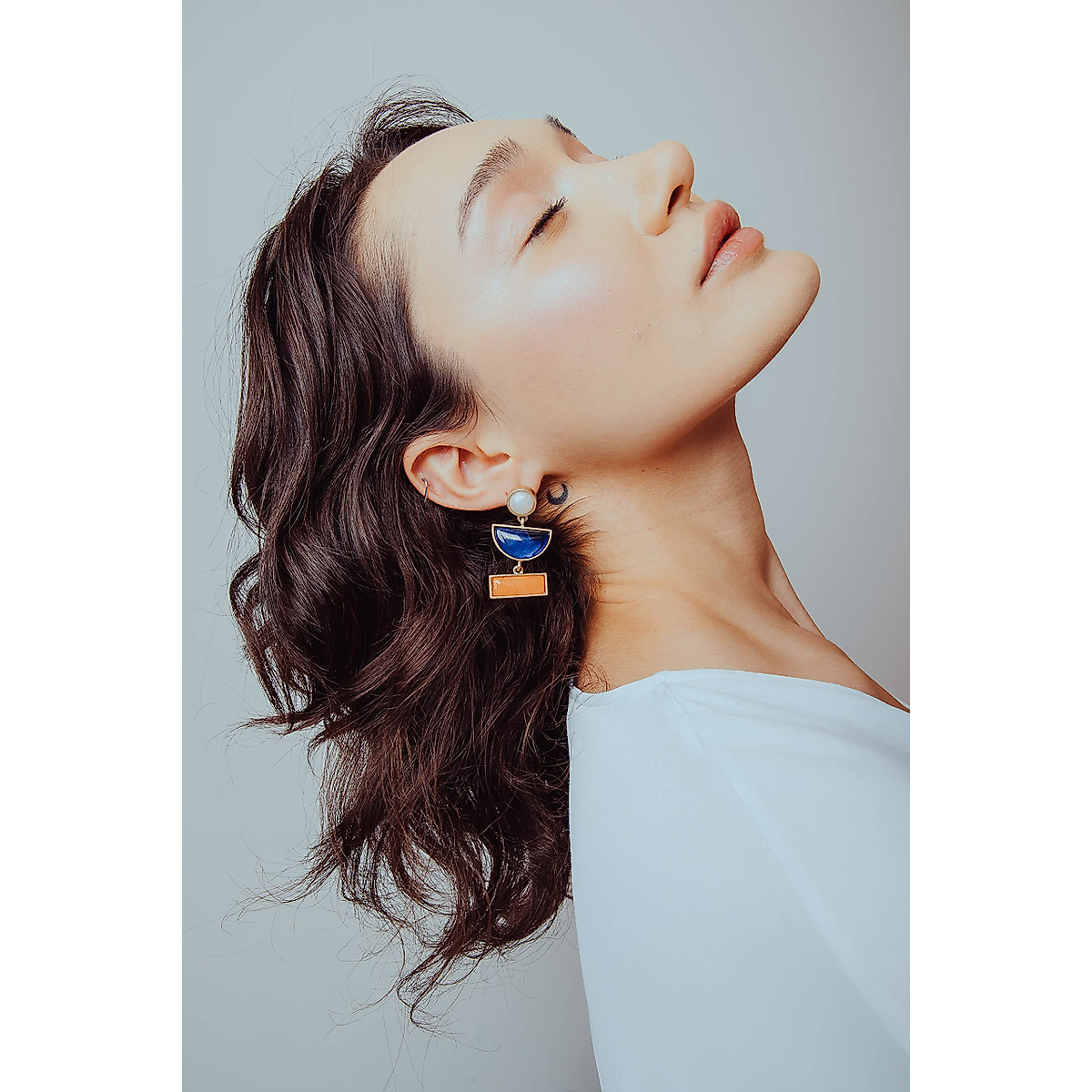 Geometric Earrings for Women, Blue Enamel Half-Circle and Orange Square Earrings with Pearl Stud - Modern Chic Statement Earrings