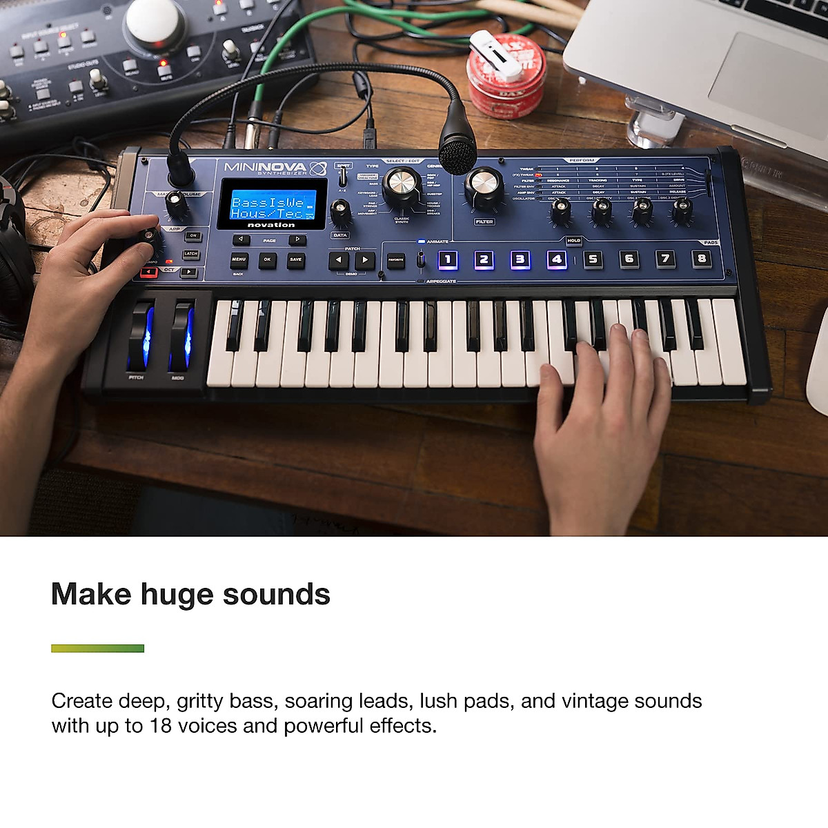 Novation MiniNova Analogue Modelling Compact 37 Mini-key Synth – Tough, compact, powerful mini-synth with pitch-correcting effect vocoder, 256 onboard sounds and five effects per voice layering Blue