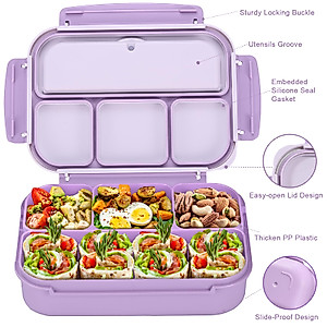 Bento Box Adult Lunch Box, Lunch Containers for Kids Girls Boys with 4 Compartments, Lunchable Food Container with Utensils, Sauce Jar, Muffin Liners, 40 Oz/5 Cup, Microwave Safe, Lavender