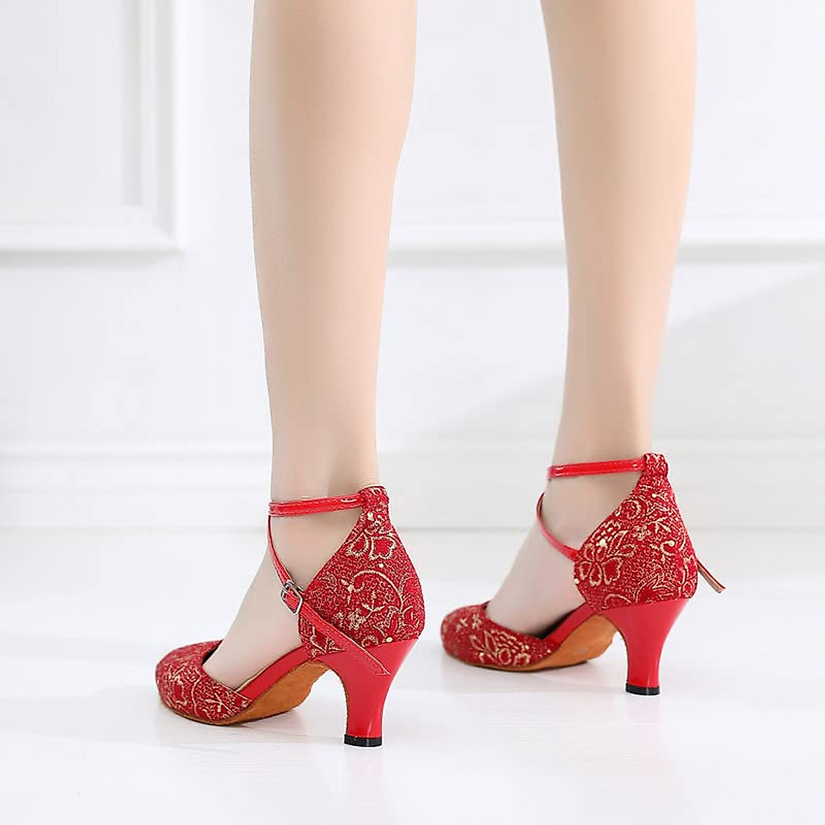 AOQUNFS Women Latin Dance Shoes Closed Toe Ballroom Salsa Tango Modern Practice Performance Party Dancing Shoes,QJW1017,Red-6,US 6.5