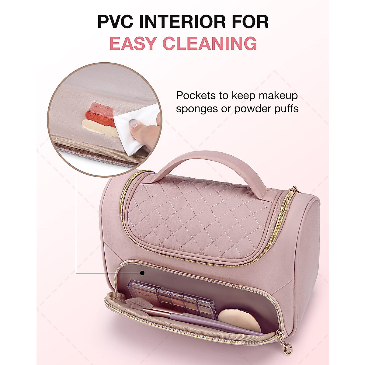 BAGSMART Travel Makeup Bag, Cosmetic Bag Make Up Organizer Case,Large Top Flap Wide Open Pouch for Women Purse for Toiletries Accessories Brushes(Pink)