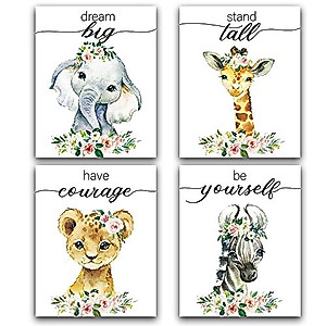 Elephant Flower Inspirational Words Woodland Crown Animals Adorable Art Print Set of 4 (8”X10”), Motivational Quote Phrases Wall Art Poster for Nursery Baby Kids Room Home Decor, No Frame (Flower)