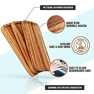 11.8 Inch Solid Wood Serving Platters and Trays Set of 3 Highly Durable Dishwasher Safe Rectangular Party Plates Avoid Sliding and Spilling Food with Easy Carry Grooved Handle Design