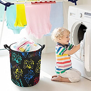 Gamer Play Gaming Laundry Basket With Drawstring, Colorful Controller Collapsible Storage Basket Boys Kids Room Laundry Nursery Hamper Bathroom
