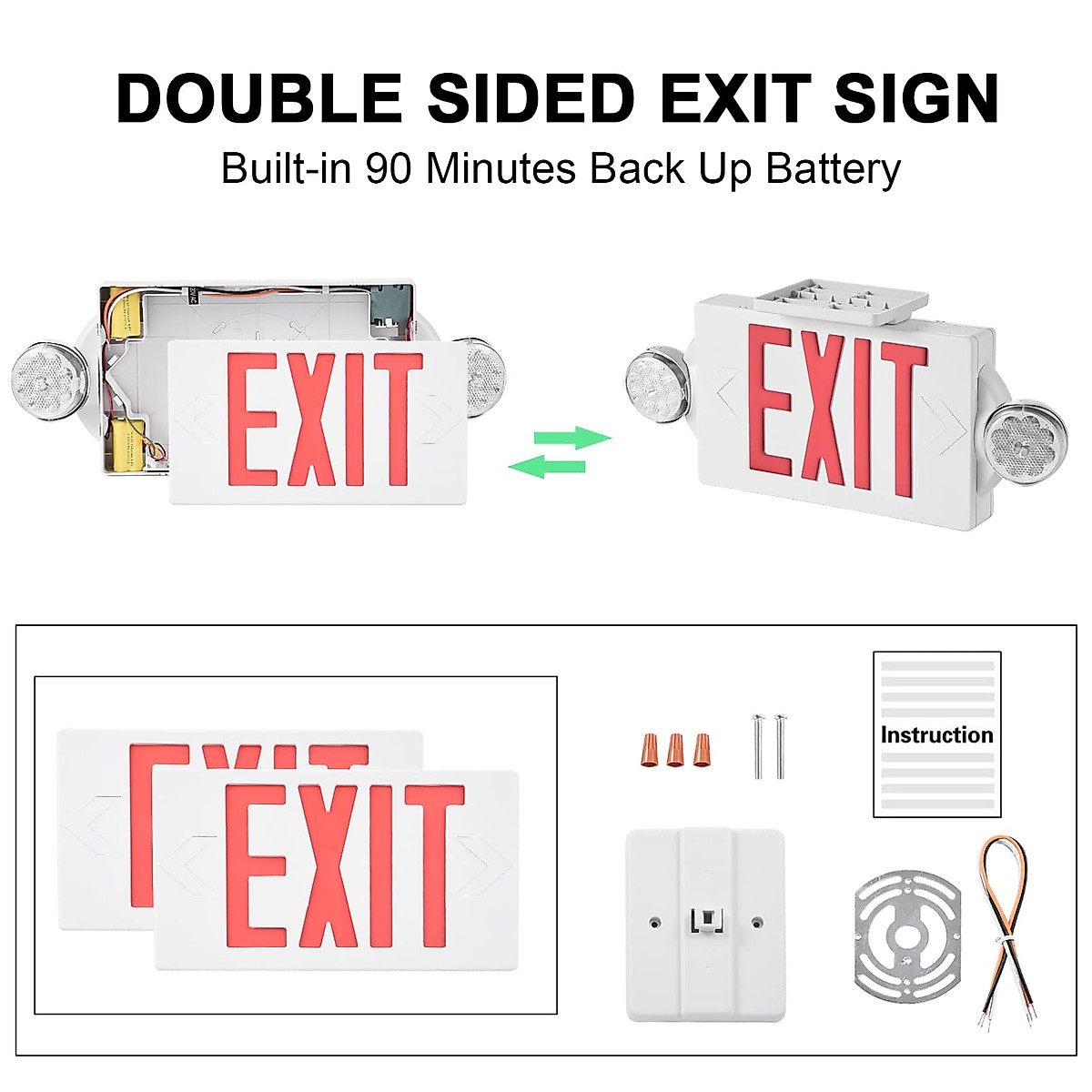 Red Exit Sign with Emergency Lights, 110-277V Double Sided LED Combo Emergency Light with 2 Rotating Flood Lights, Fire Resistant, UL Certified, Exit Sign with Battery Backup for Business