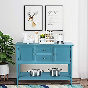 Hysache Buffet Sideboard, Wood Buffet Cabinet with 2 Drawers and 2 Storage Cabinets, Sideboard with Bottom Shelf, Ideal for Kitchen Living Room (Blue)