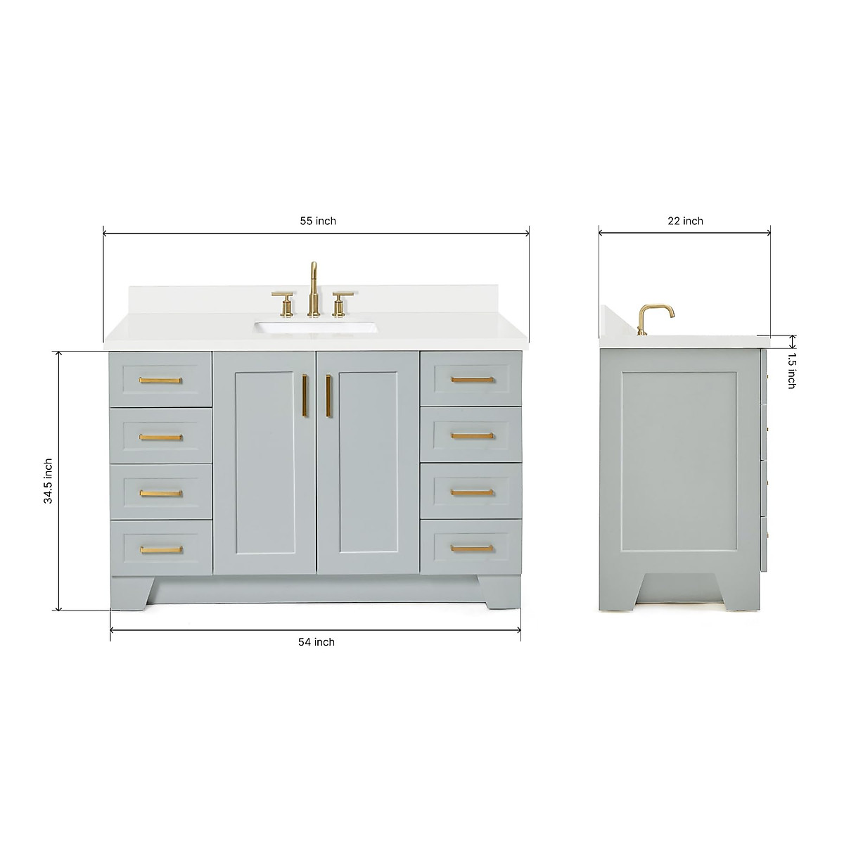 ARIEL 55" Grey Bathroom Vanity with 1.5" Edge Pure White Quartz Countertop & Backsplash, Center Rectangular Sink, 2 Soft Closing Doors, 9 Full Extension Dovetail Drawers, Toe Kick, Satin Brass